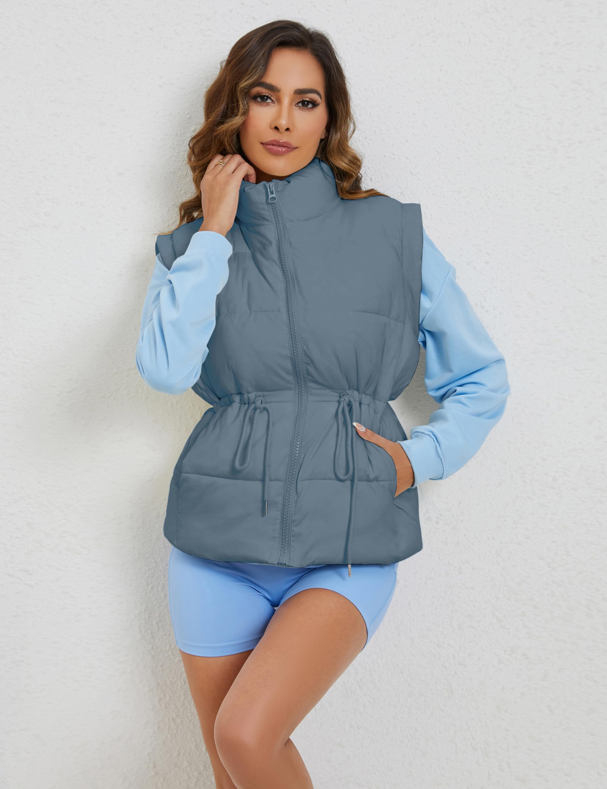VAOYIU Womens Puffer Vest Adjustable Drawstring Waist Lightweight Quilted Zip Up Vest with Pockets(-Dustyblue-XL)