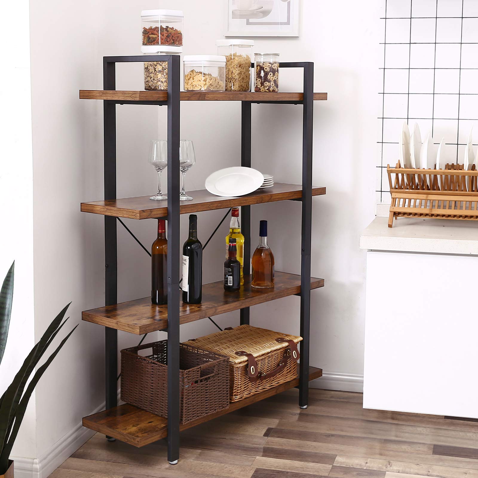 VASAGLE Industrial Bookshelf, 4-Layer Stable Bookcase, Storage Rack, Standing Shelf, Easy Assembly, Living Room, Bedroom, Office, Rustic Brown ULLS54BX, "41.3""l x 13.2""w x 54.3""h"