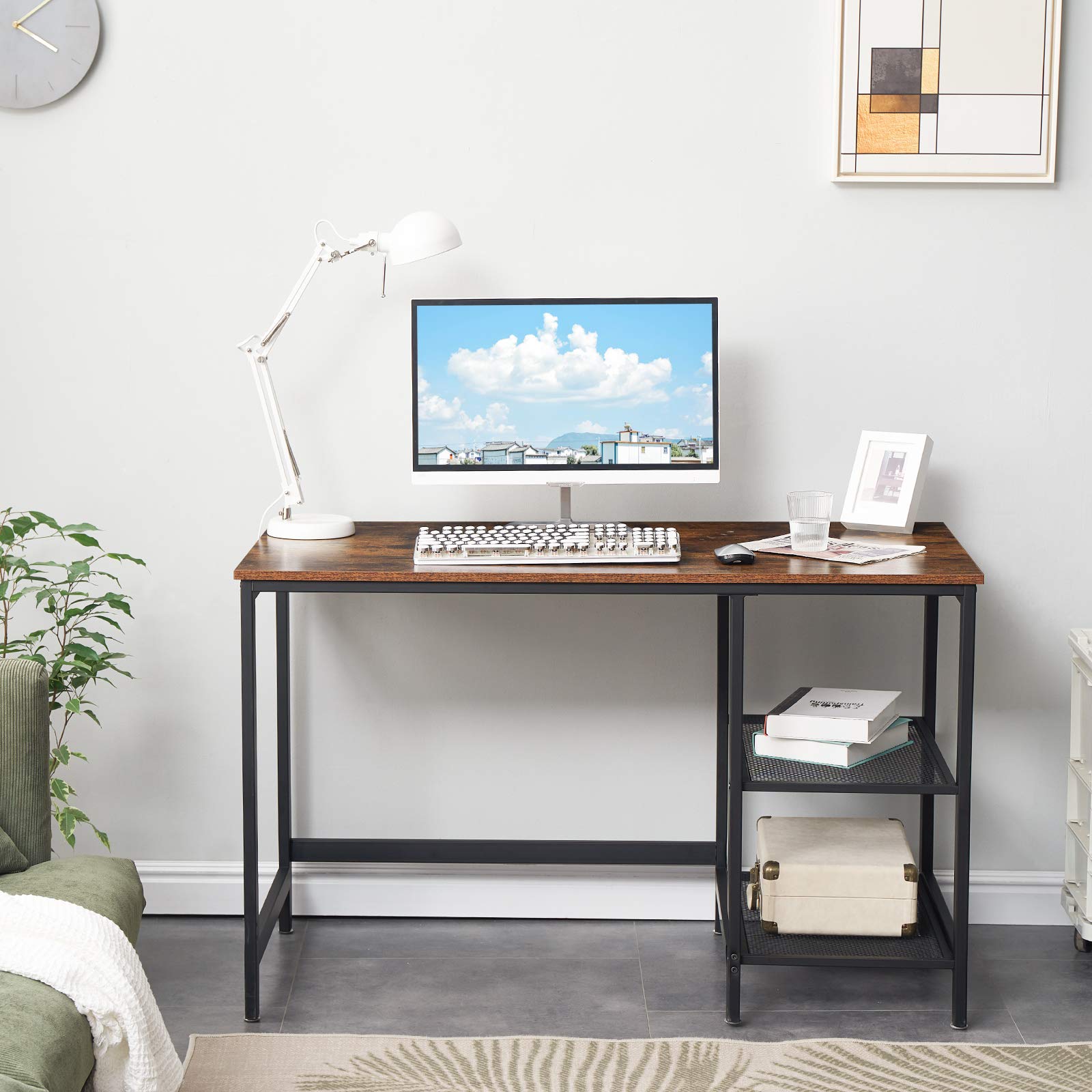 YMYNY Industrial Computer Desk, 47 Inch Large Study Writing Table with 2 Storage Shelves, Home Office PC Laptop Notebook Desk with Bookshelf, Easy Assembly, Rustic Brown UHTMJ33MH