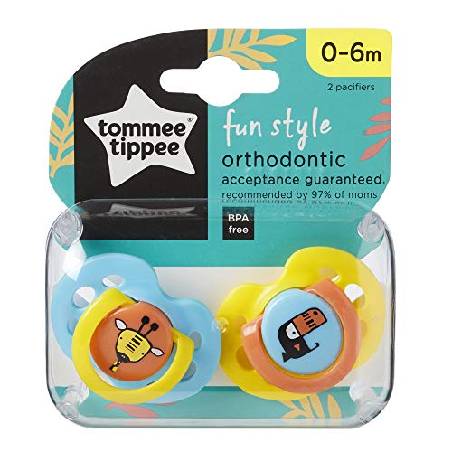 Tommee Tippee Fun Style Pacifiers, Symmetrical Design, BPA-Free Silicone Binkies, 0-6m, 2 Count, Colors and Designs Vary