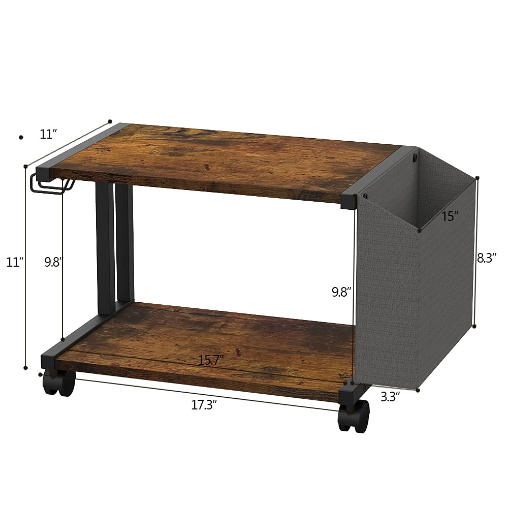 VEDECASA 2 Tier Rustic Brown Wooden Under Desk Printer Stand with Storage Bag for Home Office Desktop Printer Table Organizer Mobile Printer Shelf Cart with Caster Wheel