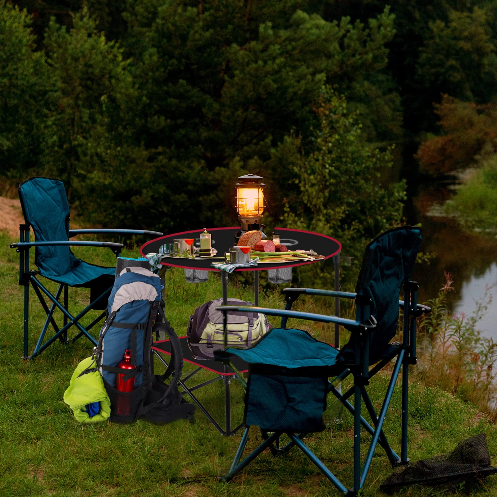 Yzsog Portable Canvas Table, Collapsible Canvas Travel Table Comes with Picnic Blanket, Portable Camping Table with 4 Cup Holders & Carry Bags for Outdoor Picnic, Travel and Camping