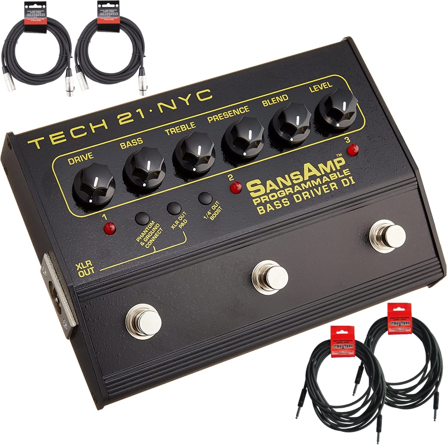 Tech 21 PBDR SansAmp Programmable Bass Driver DI Bundle with 2 Instrument Cables and 2 XLR Cables