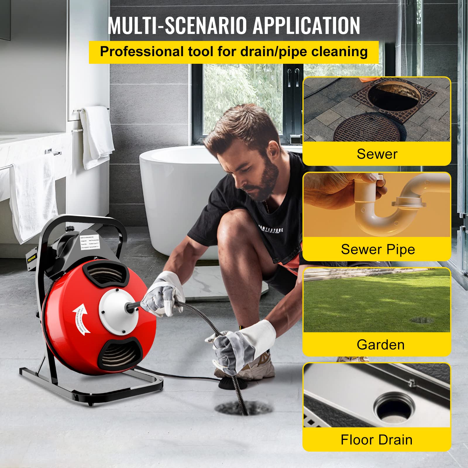 VEVOR Drain Cleaner Machine 50FTx1/2Inch, Sewer Snake Machine with 4 Cutter & Foot Switch, Electric Drain Auger for 2" to 4" Pipesā¦