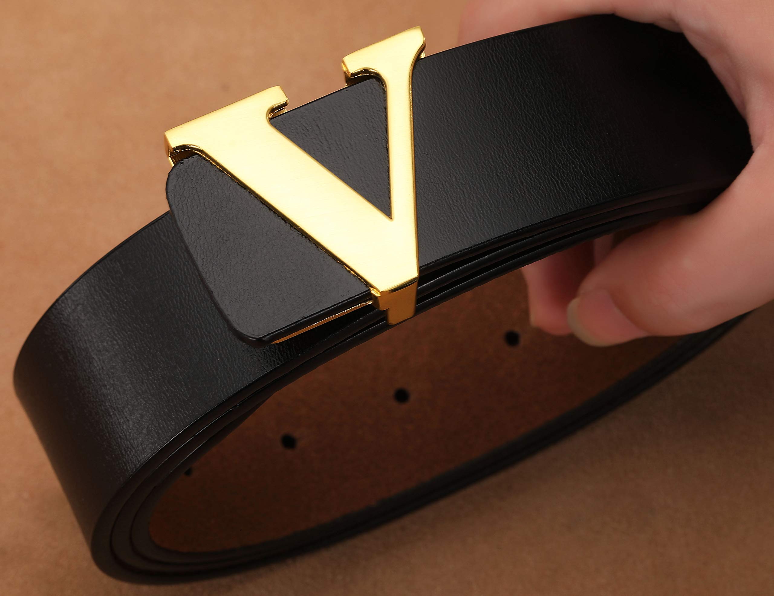 Yuangu Men's Classic Gold/Silver V-Buckle Design Soft Calfskin Belt (Black Gold, 105cm/41.3inch(30-36))