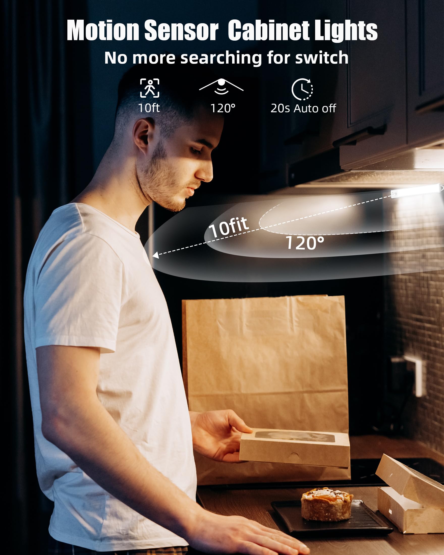 Under Cabinet Lights Motion Sensor, Under Counter Closet Lights, 36LED Cabinet Lighting, 1500mah LED Rechargeable Battery Operated, Under Counter Lights for Kitchen, Wardrobe, Stairway, 2Pack