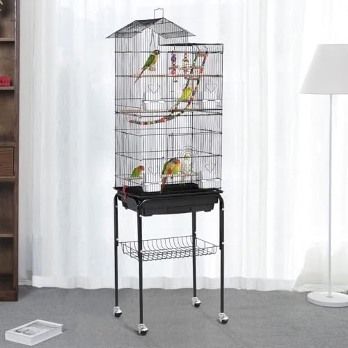 TENAS Rolling Metal Removable Bracket Bird Cage - Eco-Feeder - Wooden Perch - Swing - Removable Rolling Bracket - Easy to Handle and Store - Made of Durable Eco-Friendly Materials