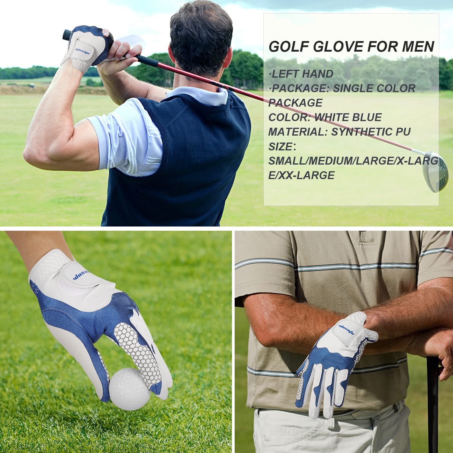 wosofe Golf Gloves Men Left Handed Golfer Single Synthetic PU Non-Slip Comfortable Close Fit(Medium/Large)