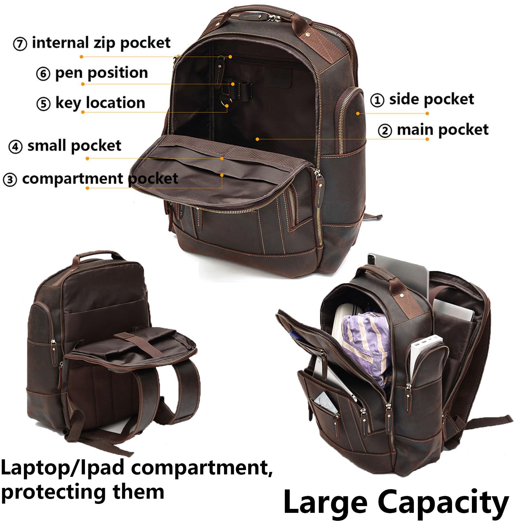 Tenvery Leather Backpack For Men Full Grain Leather Rucksack 15.74" Large Capacity Laptop Business Office Work Bag Travel Camping Bag