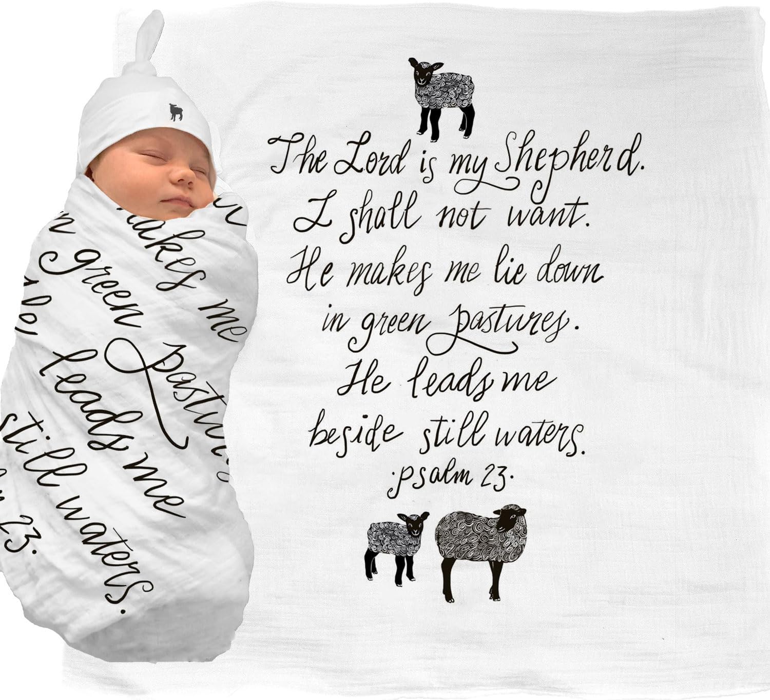 The Lord is my Shepherd (Psalm 23) Muslin Swaddle & Bonus Baby Hat with Scripture Quote - 100% Organic Unbleached Cotton - Swaddle/Blanket - Unique Shower & Baptism Gift