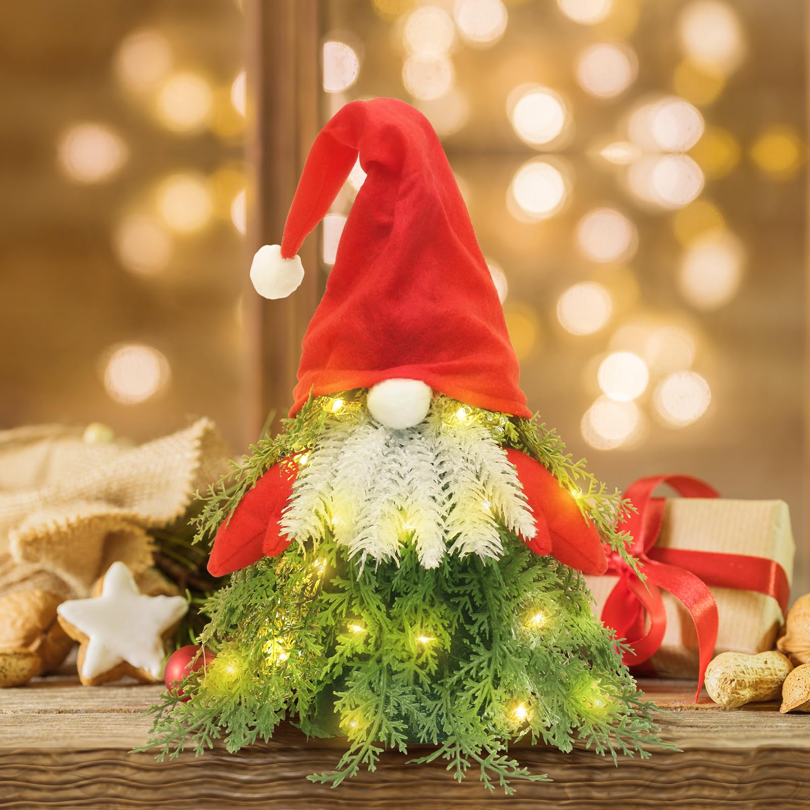 SY Super Bang Small Prelit Christmas Tree, Tabletop Mini Christmas Tree Ornaments for Home Decor, Gnome Christmas Decorations for Holiday Party Birthday Thanksgiving, Green.