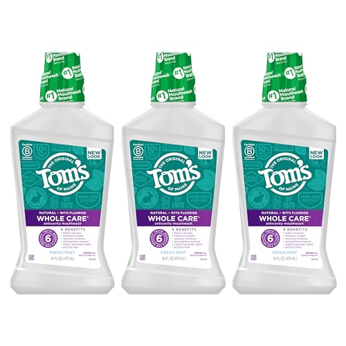 Tom's Of Maine Whole Care Natural Fluoride Mouthwash, Fresh Mint, 16 Oz (Pack of 3) (Packaging May Vary)