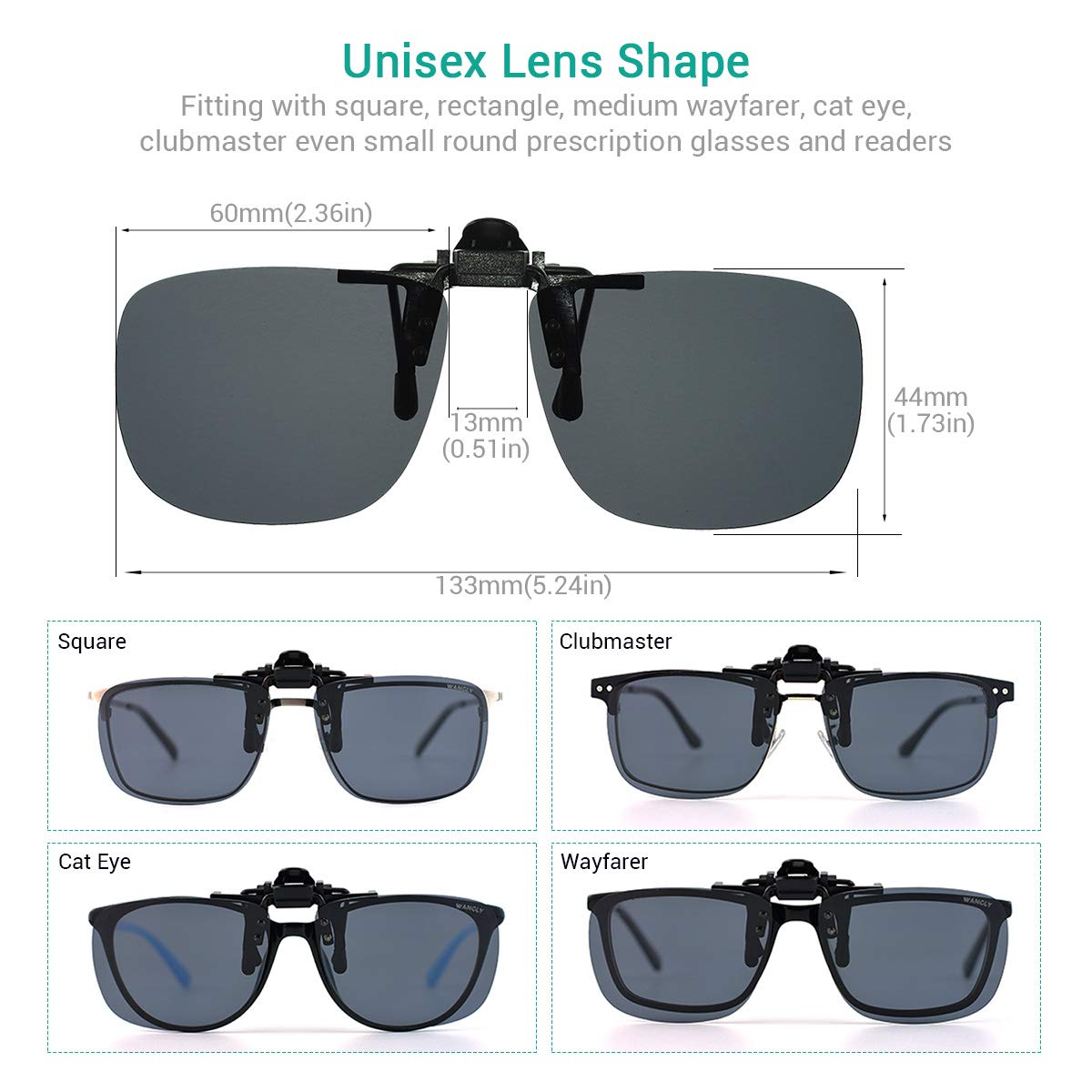 WANGLY Polarized Unisex Clip on Flip up Sunglasses over Prescription Glasses Frames and Readers Suitable for Driving, Grey Lens