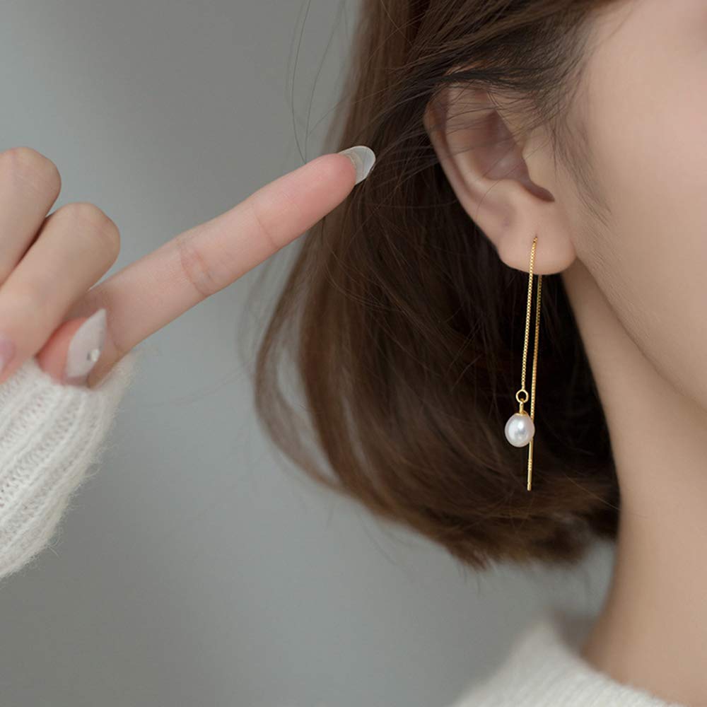 Waterdrop Pearl Sterling Silver Threader Earrings for Women Girls Elegant Shell Pearl Long Tassel Chain Dangle Drop Statement Earring Studs Ear Line Dainty Jewelry Gifts Hypoallergenic 18K Gold Plated (Yellow Gold)