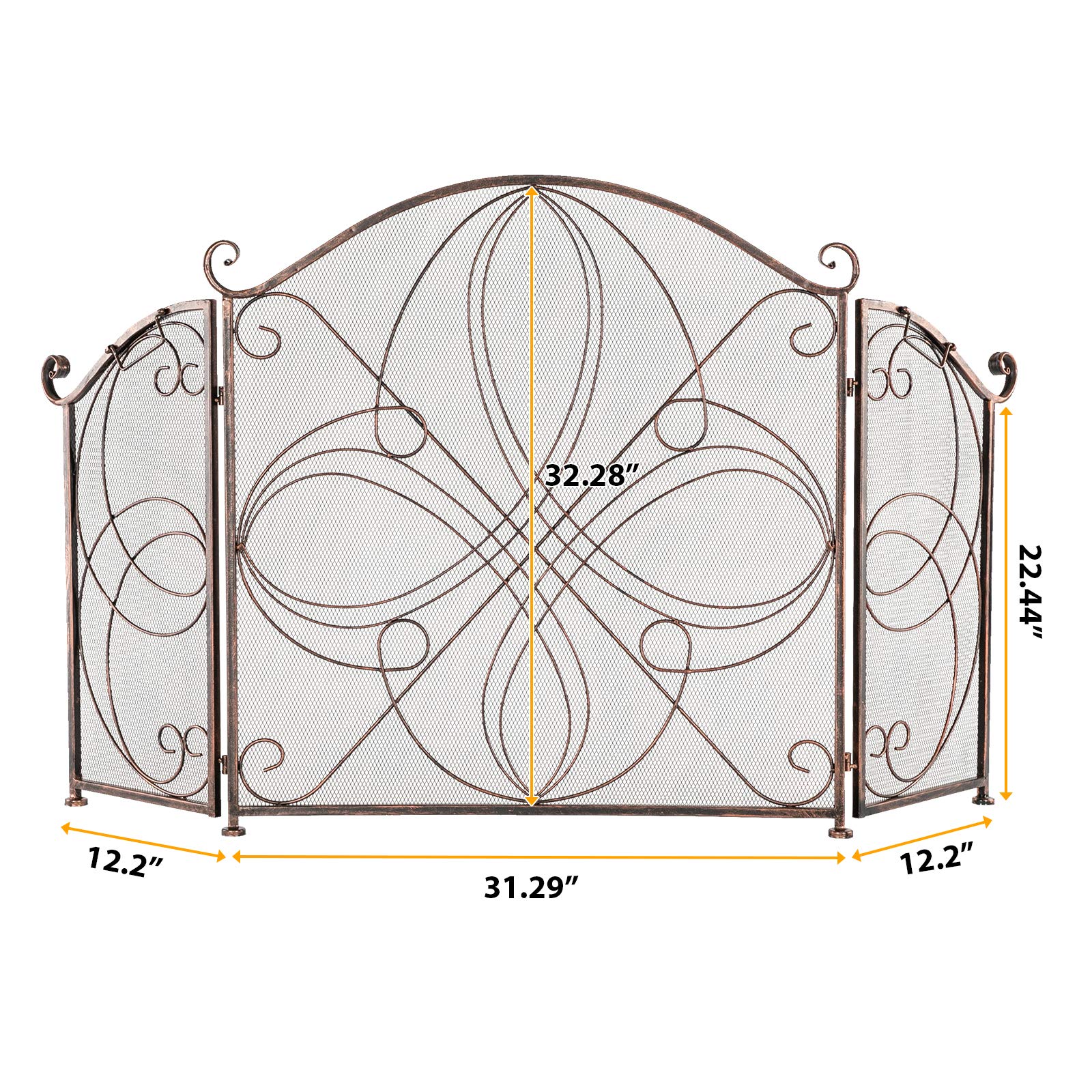 VINGLI 3-Panel Wrought Iron Fireplace Screen Flat, Rustic Decorative Scroll Spark Guard Cover, Baby Safe Proof Fire Place Fence (Reddish Brown