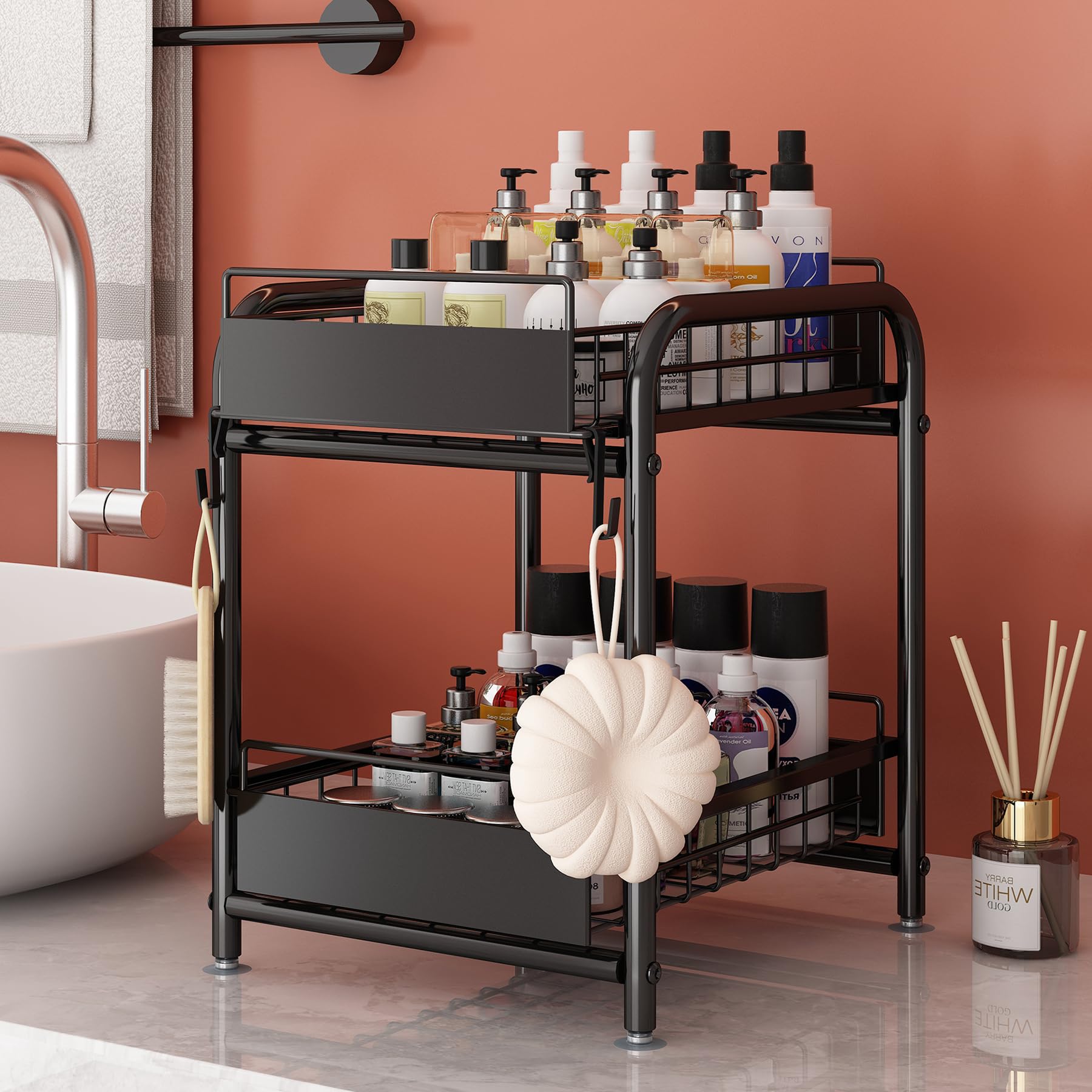 Under Sink Organizers Storage Pull Out Drawers, Metal 2 Tier Slide Out Sink Shelf Cabinet with 2 Drawers, Double Sliding Storage Shelves with Hooks Kitchen Bathroom Black
