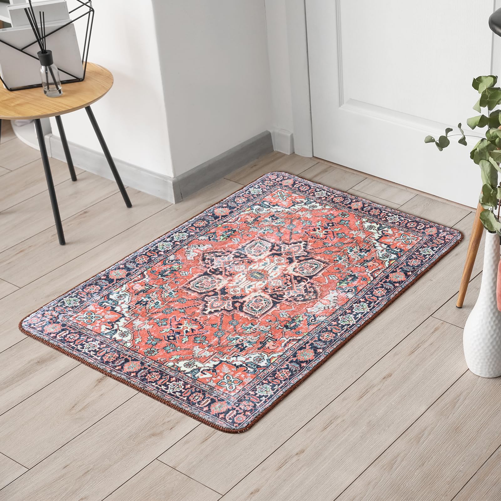Toneed Area Rugs 2x3, Cherry Red Washable Rug Non Slip Low Pile Vintage Carpet for Bedroom Living Room Kitchen Entryway Bathroom Laundry Decor