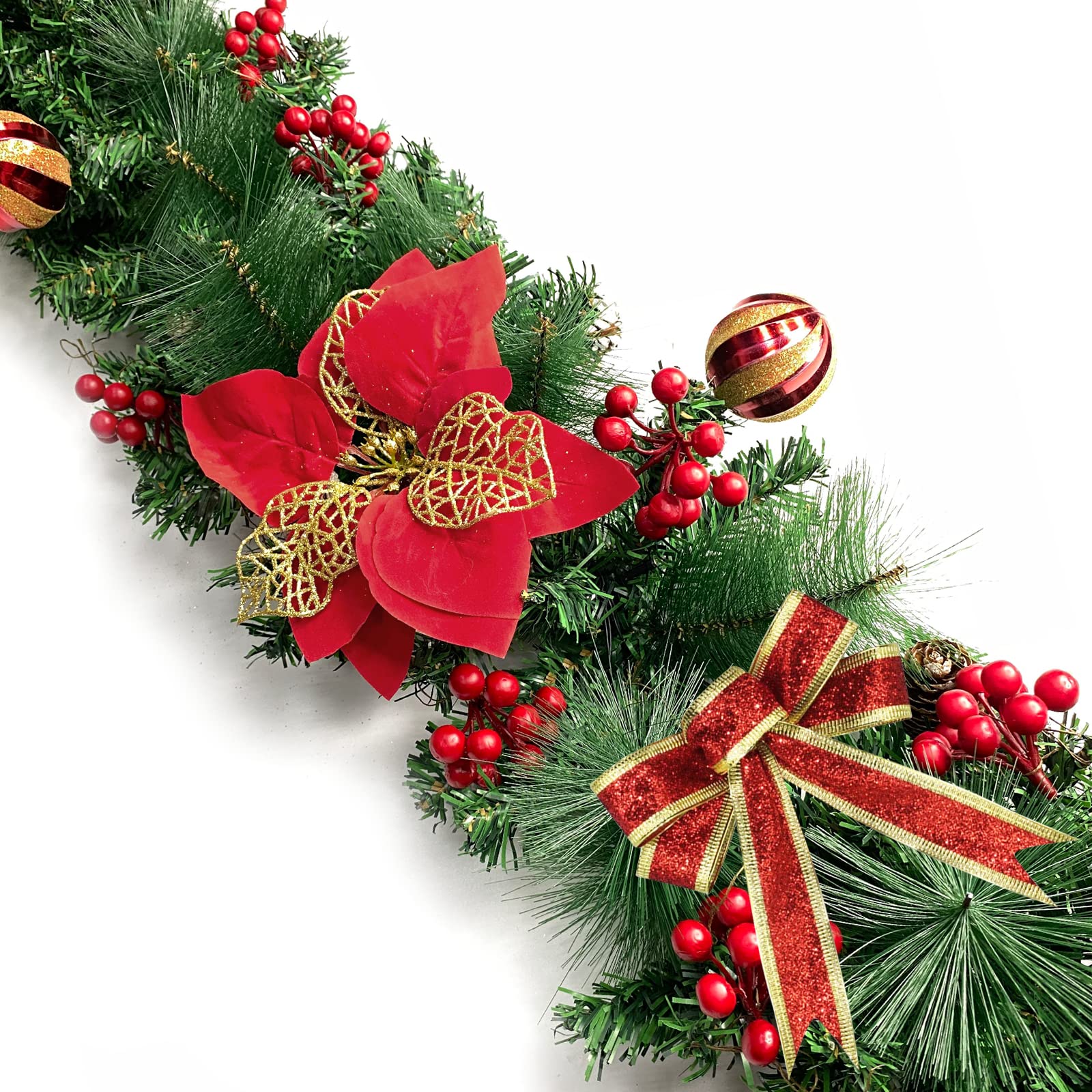 Timer & 8 Modes - 9 Ft Prelit Christmas Garland Decorations with 100 Lights 300 Branches 5 Poinsettias 4 Xmas Balls 18 Pinecones Needles 198 Berries Battery Operated Christmas Decoration Indoor Home