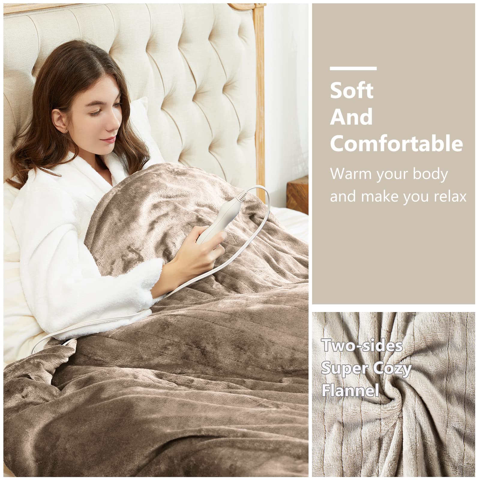 Tefici Electric Heated Blanket Queen Size, Dual Control Super Cozy Soft 2-Layer Flannel 84" x90" Heating Blanket with 3 Heat Levels & 8 Hours Auto Off,ETL&FCC Certified,Home Office Use,Camel