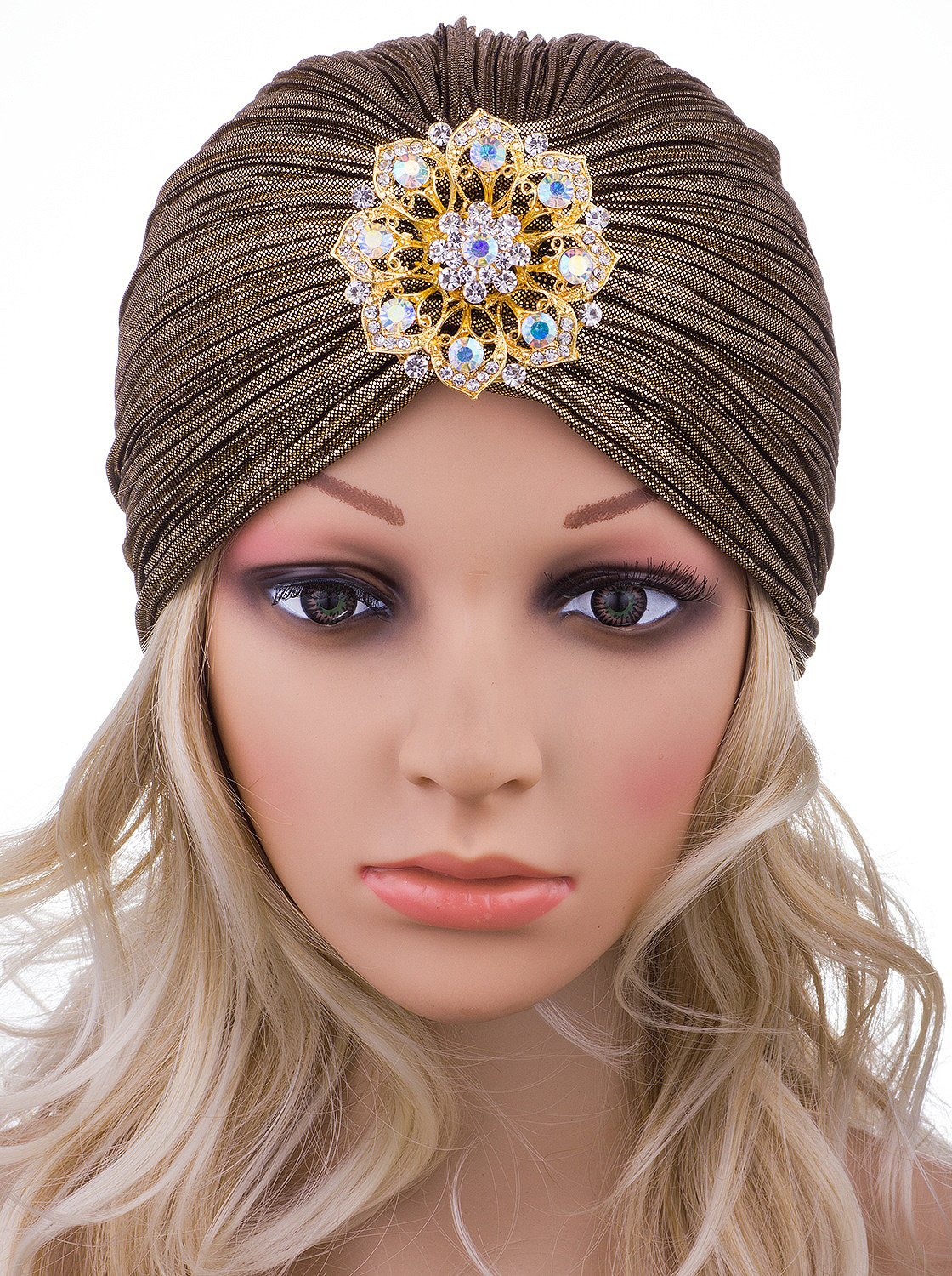 Vijiv Women's Vintage Lurex Knit Turban Beanie Hats Headwraps for 1920s Cocktail Party Gold