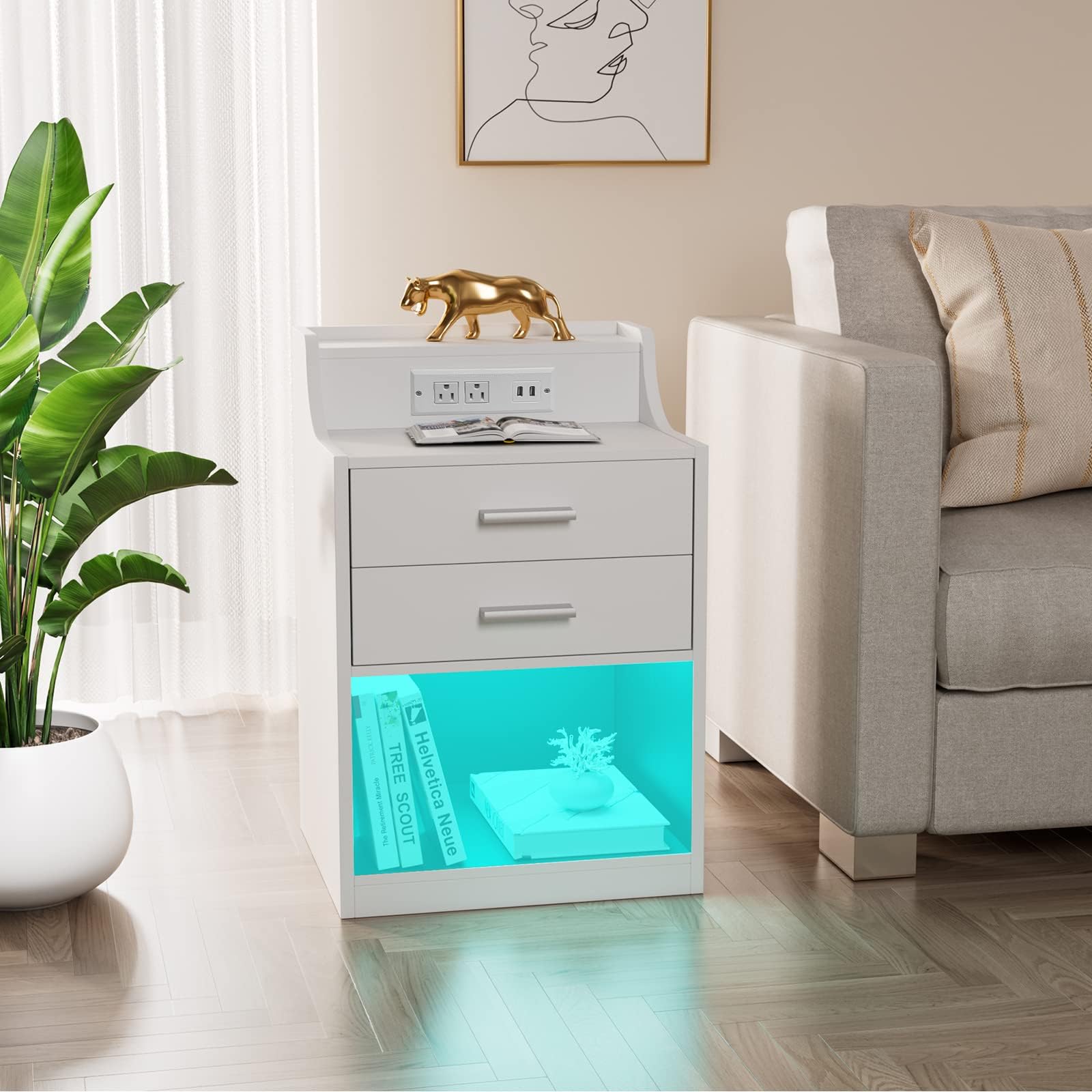 Saedew Nightstand with Charging Station and LED Lights, Night Stand with Modern Design, Bedside Table with 2 Drawers and Open Storage, Improved Nightstands for Bedroom Living Room (1, White)…