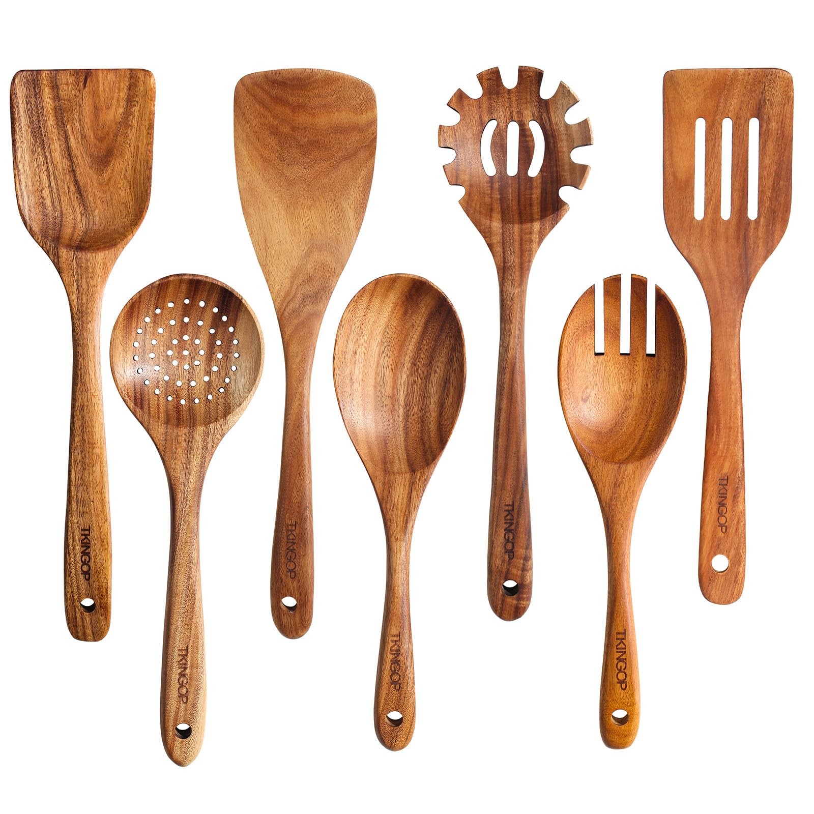 TKINGOP 9PCS Wooden Spoons for Cooking Handmade Natural Teak Wooden Utensils for Cooking with Holder & Spoon Rest Comfortable Grip Kitchen Utensils Set