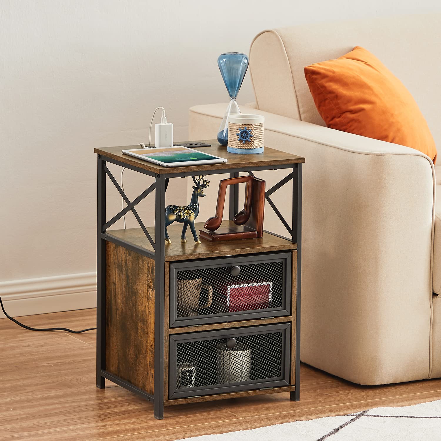 VECELO 24" End Table with Charging Station, Flip Drawer Nightstand Set of 2 with USB Ports and Outlets for Bedroom,Living Room, Rustic Brown
