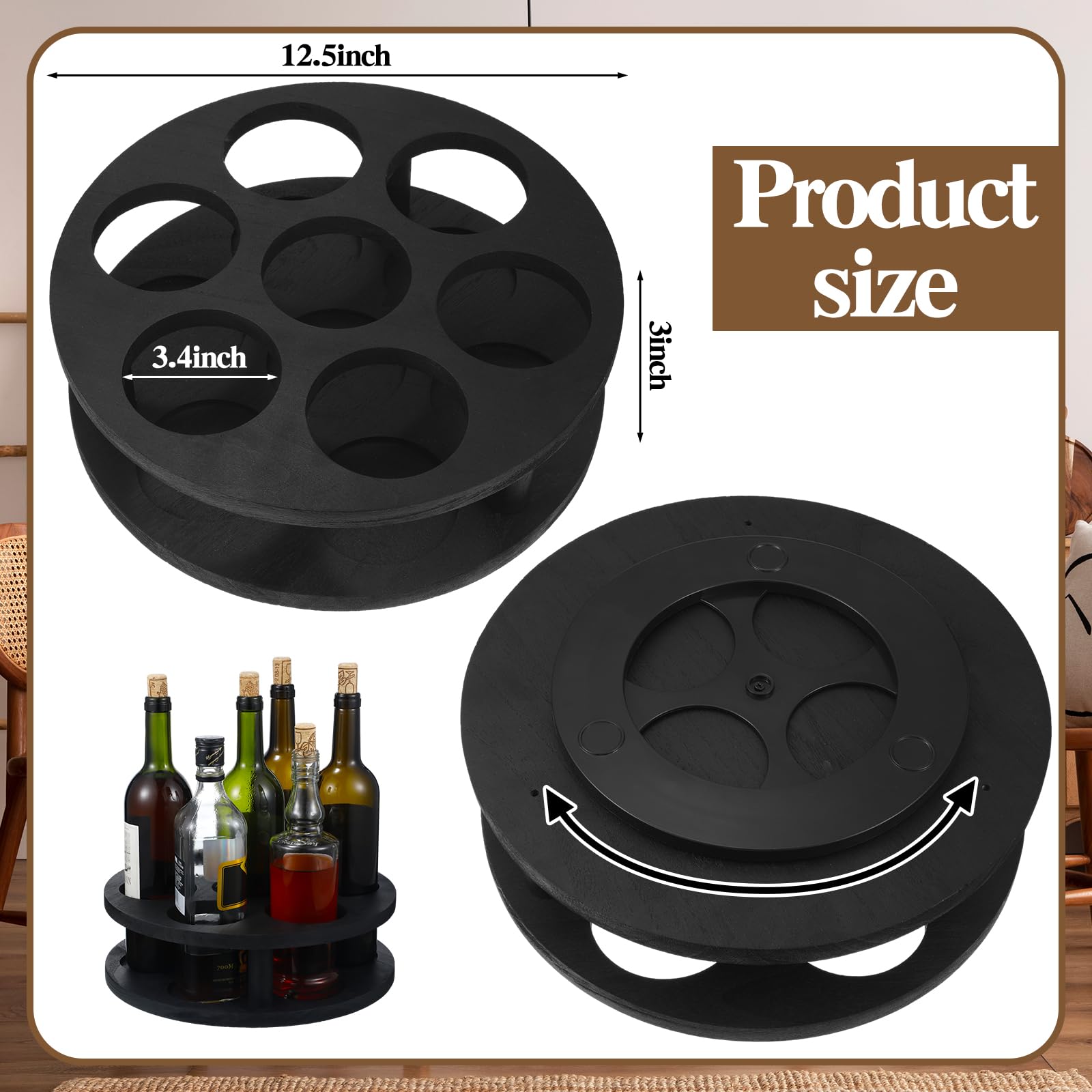 Tatuo Rotating Coffee Syrup Organizer 7 Bottles Capacity Wood Coffee Syrup Rack Syrup Bottle Holder Stand 12.5 Inch Wine Display Tray for Coffee Bar Countertop(Black, Black)
