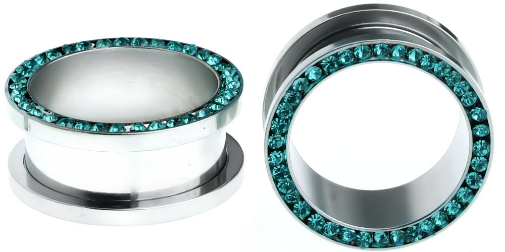So Scene Stainless Steel Teal Crystal Gems Screw Back Ear Plugs Gauges Sold in Pairs (12mm)