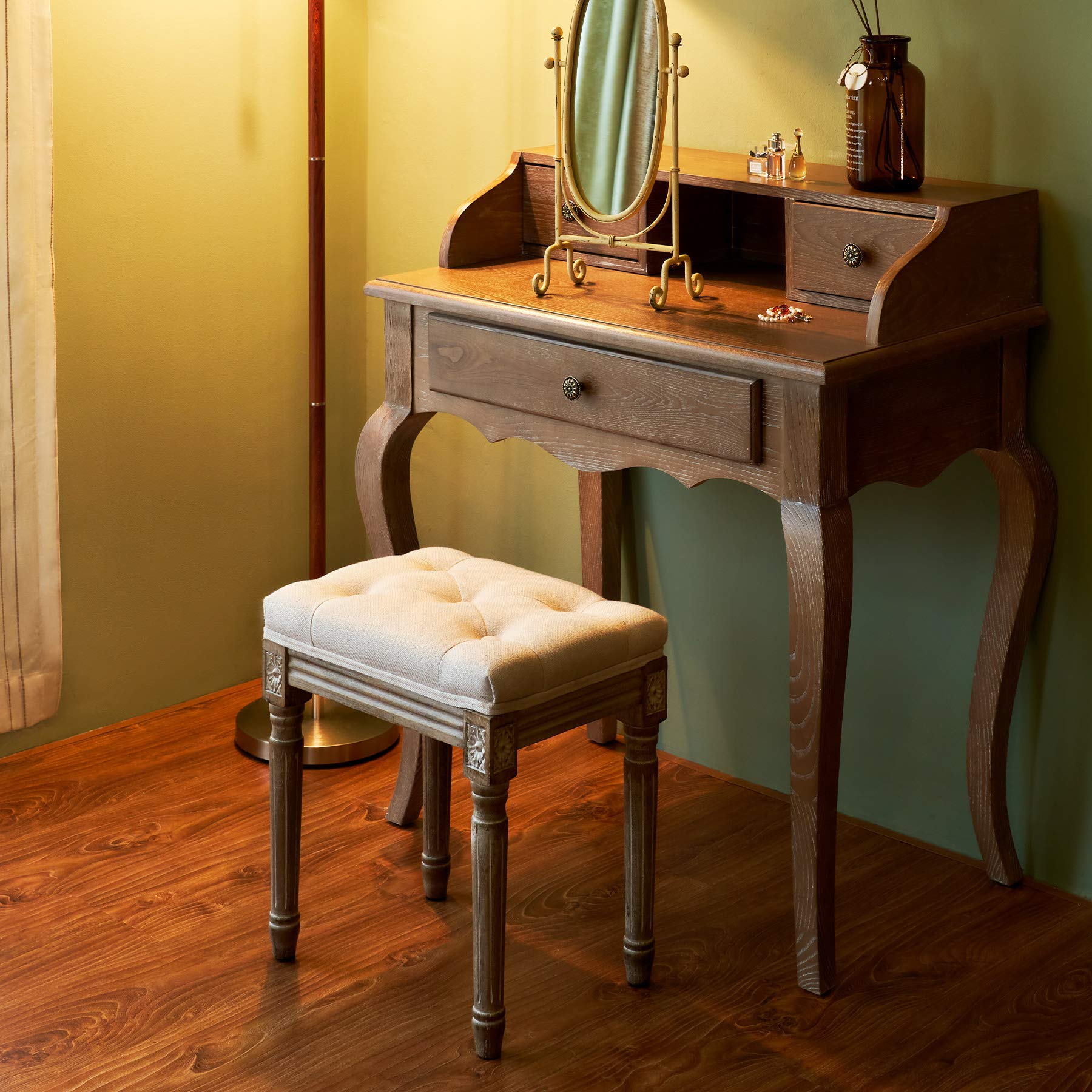 VONLUCE Mosaic Side Table and Plant Stand + French Vintage Foot Stool with Rustic Wood Legs and Padded Seat