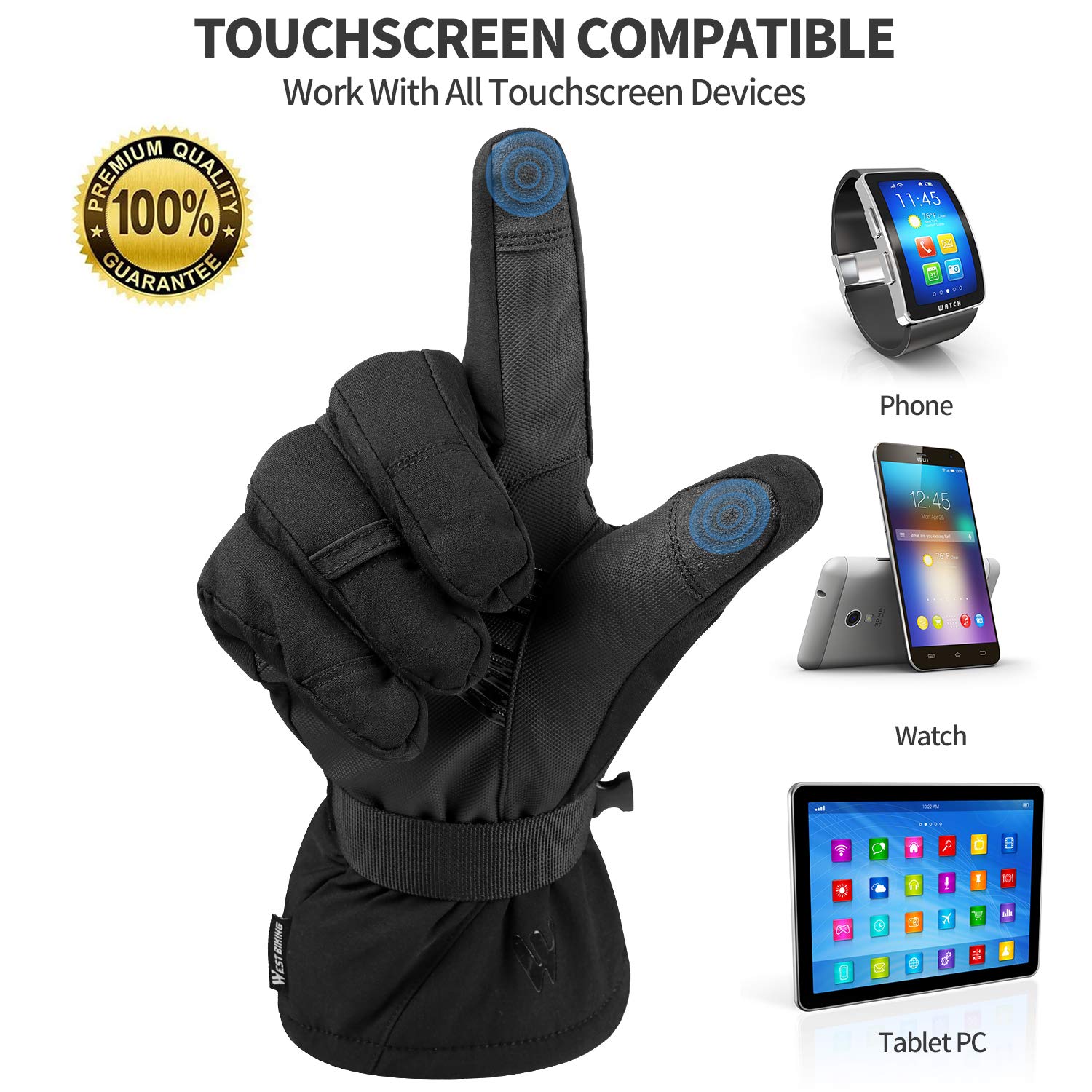 West Biking Gift Winter Ski Gloves 2-in-1 Under Gloves with Separate Liners, 3M Thinsulate Waterproof Touchscreen Warm Snowboard Gloves