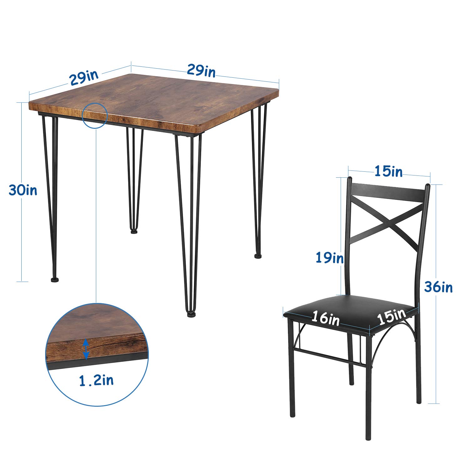 VECELO 3 Piece Kitchen Room Table and Chairs Dinette Breakfast Nook, Farmhouse, Small Space, Modern Industrial Style, Brown, Dining Set for 2, Rustic BRN