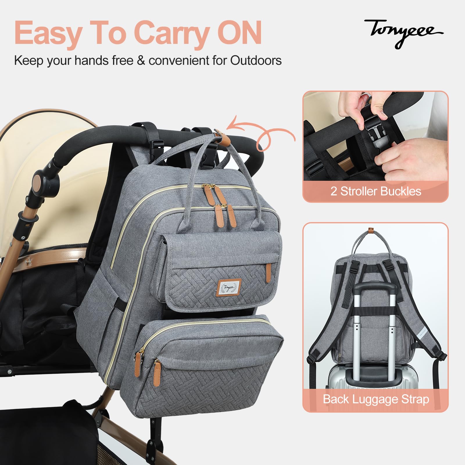 Tonyeee Diaper Bag Backpack- Removable Cross Body Bottle,Travel Essentials Baby Bag with Extras Cooler Bag and Changing Pad,Stylish Nappy Bag-Grey