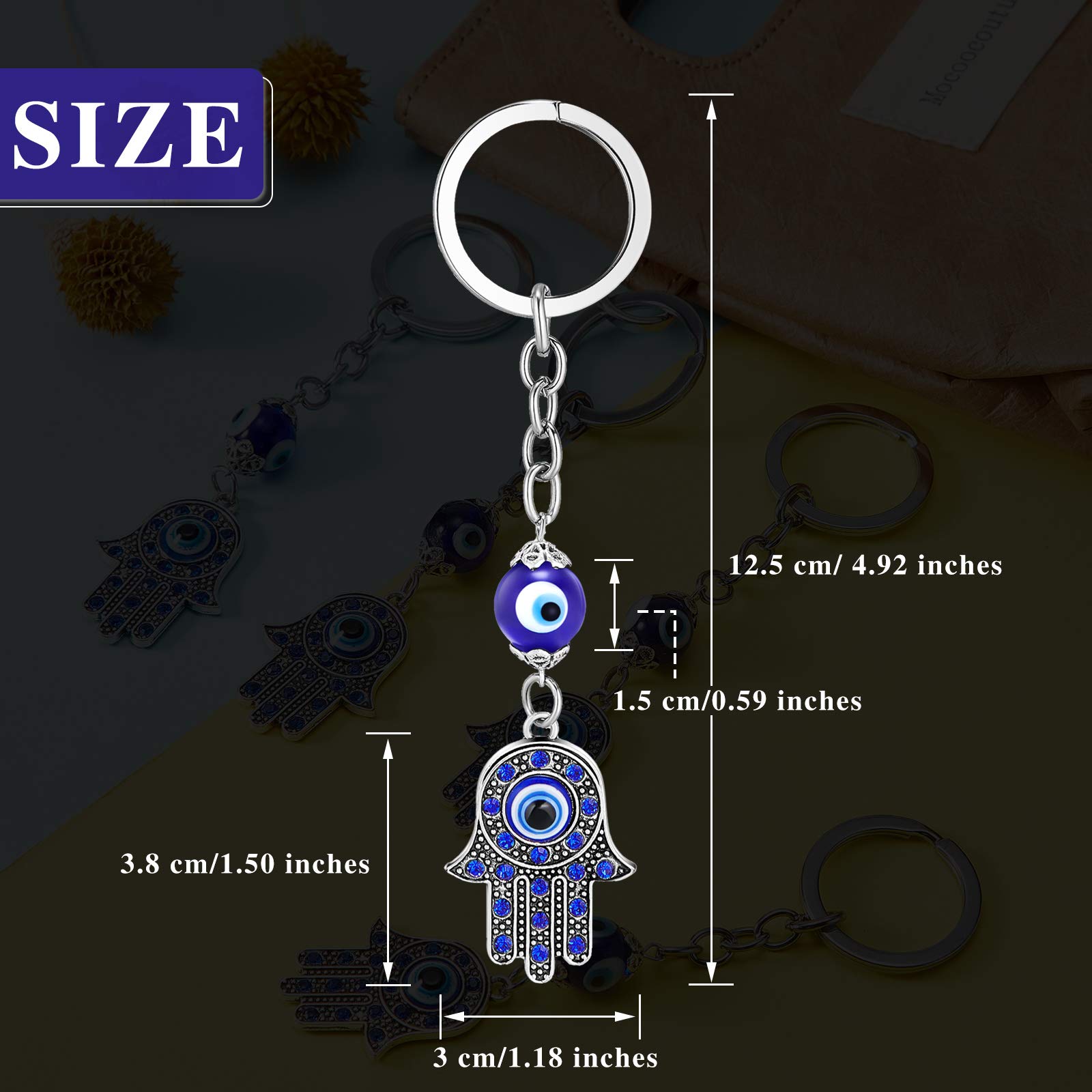 Yaomiao 5 Pieces Hamsa Hand Keychain Evil Eye Silver Keychain Fatima Protection Charms Blue Good Luck Key Holder for Attaching to Keys and Bags