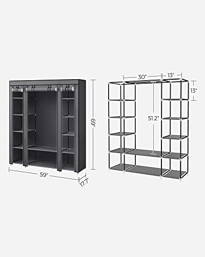SONGMICS Closet Wardrobe, Portable Closet for Bedroom, Clothes Rail with Non-Woven Fabric Cover, Clothes Storage Organizer, 59 x 17.7 x 69 Inches, 12 Compartments, Gray ULSF03G