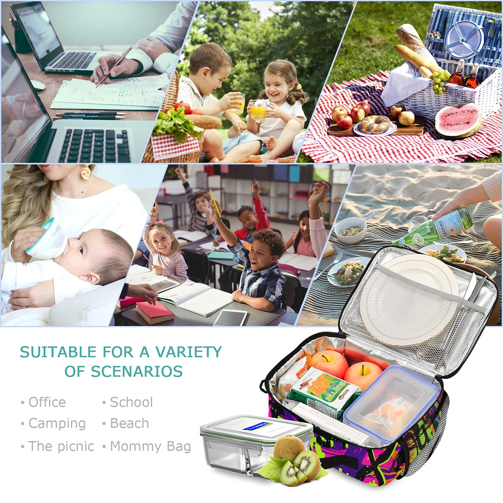 xigua Student Lunch Bag, Graffiti Patterns And Spray Paint Ink Elements Detachable Shoulder Strap Insulated Lunch Box Men Women Cooler Bag Tote Bag for School Office Picnic Trip