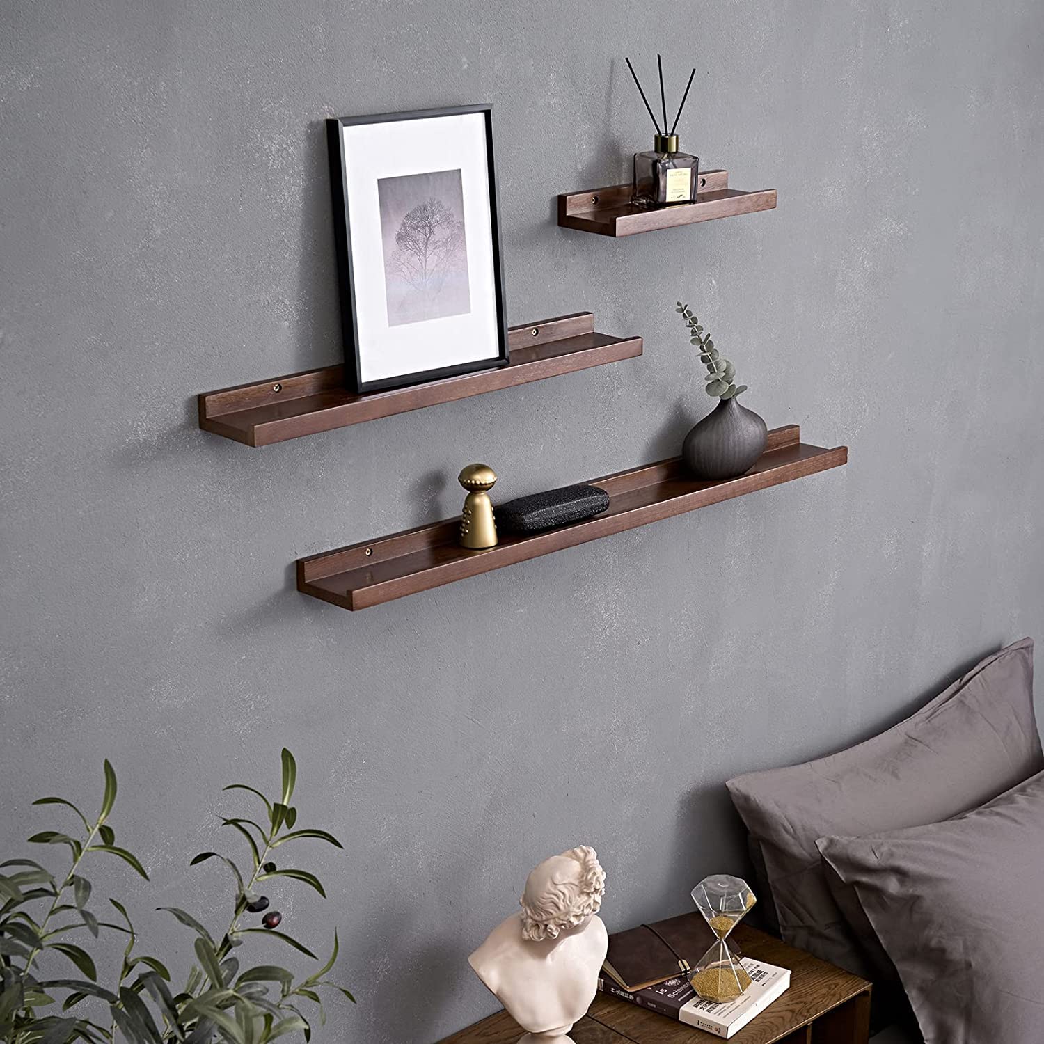 Recogwood 12 Inch Walnut Floating Shelves, 6'' Deep Solid Oak Wood Shelf, Rustic Wall Shelves for Decor and Storage, Picture Ledge Shelf for Bedroom/Bathroom/Living Room/Kitchen