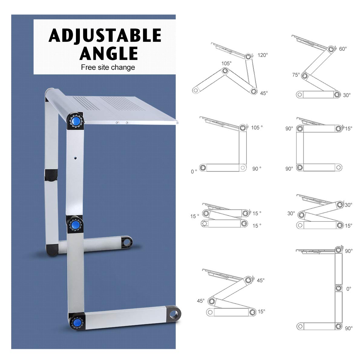 Upgraded Aluminum Laptop Stand Adjustable with Cooling Fan and Mouse Pad, Reinforced Ergonomic Lap Desk Foldable Portable Computer Table for Bed Sofa Couch Office (Extra Wide Tray: 19", Silver)