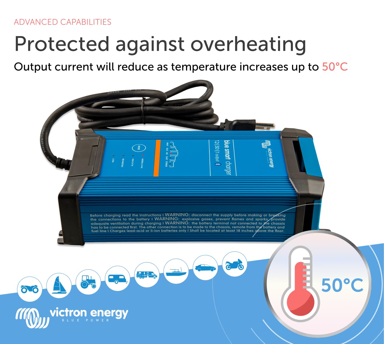 Victron Energy Blue Smart IP22 12-Volt 30 amp 120VAC, Single Output Battery Charger NEMA 5-15, Bluetooth
