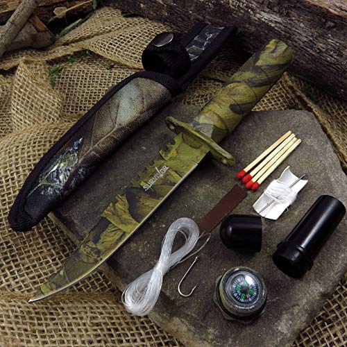 Survivor HK-690CA Fixed Blade Survival Knife, Camo Double Reverse Serrated Blade, Camo Metal Handle, 8-1/2-Inch Overall