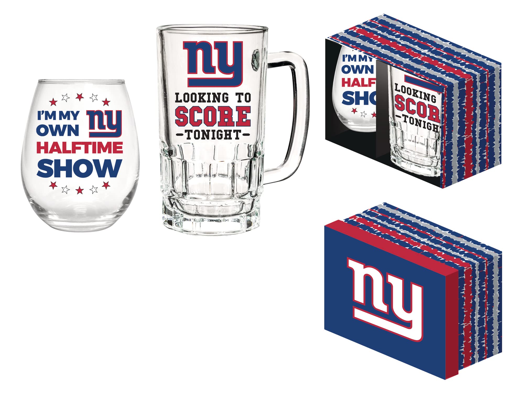 Team Sports America NFL New York Giants, Stemless 17 OZ Wine Glass & Beer Mug 16 OZ Gift Set with Box | Keeps Drinks Cold | Officially Licensed