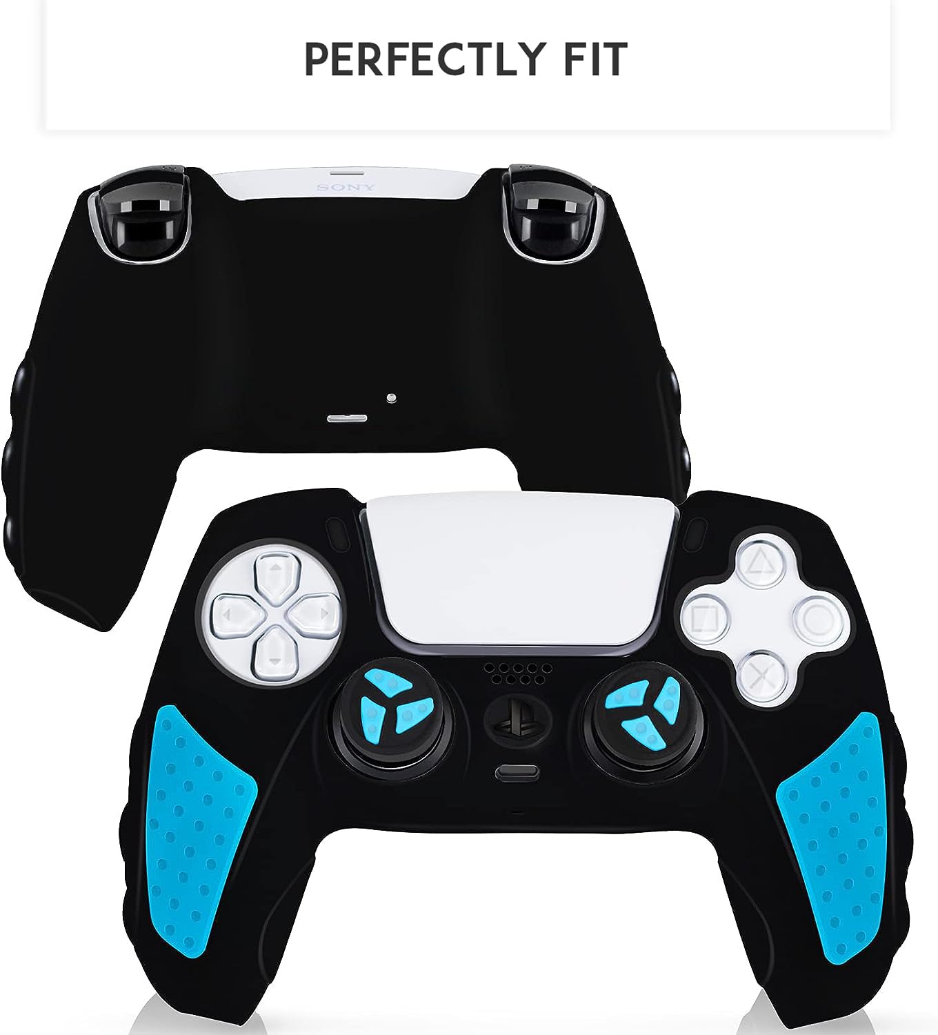 SIKEMAY PS5 Controller Cover Skin, Anti-Slip Thicken Silicone Protective Cover Case Perfectly Compatible with Playstation 5 Controller Grip with 10 x Thumb Grip Caps (Black-Blue)