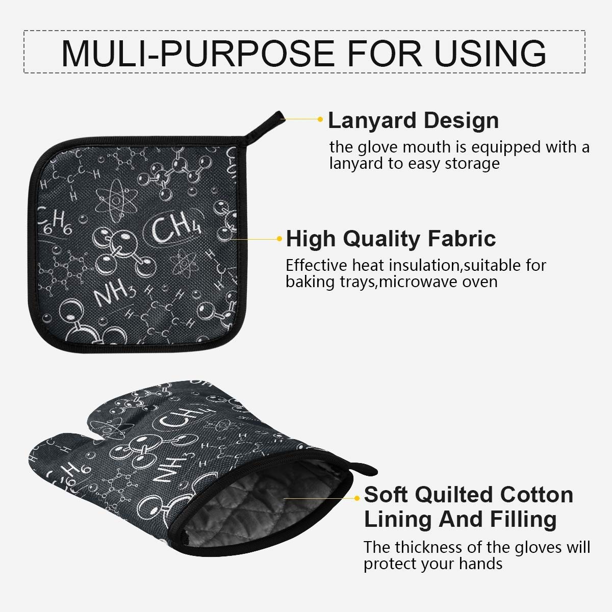 ZZXXB Chemistry Science Oven Mitts and Pot Holders Set of 2 Heat Resistant Non-Slip Kitchen Gloves for Cooking Baking Barbecue Grilling