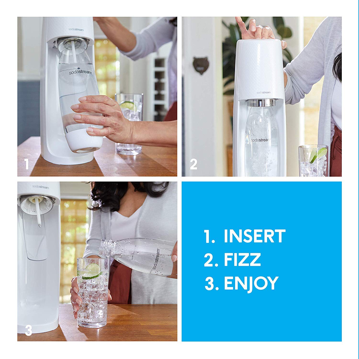 SodaStream Fizzi Sparkling Water Maker Bundle (Icy Blue), with CO2, BPA free Bottles, and 0 Calorie Fruit Drops Flavors