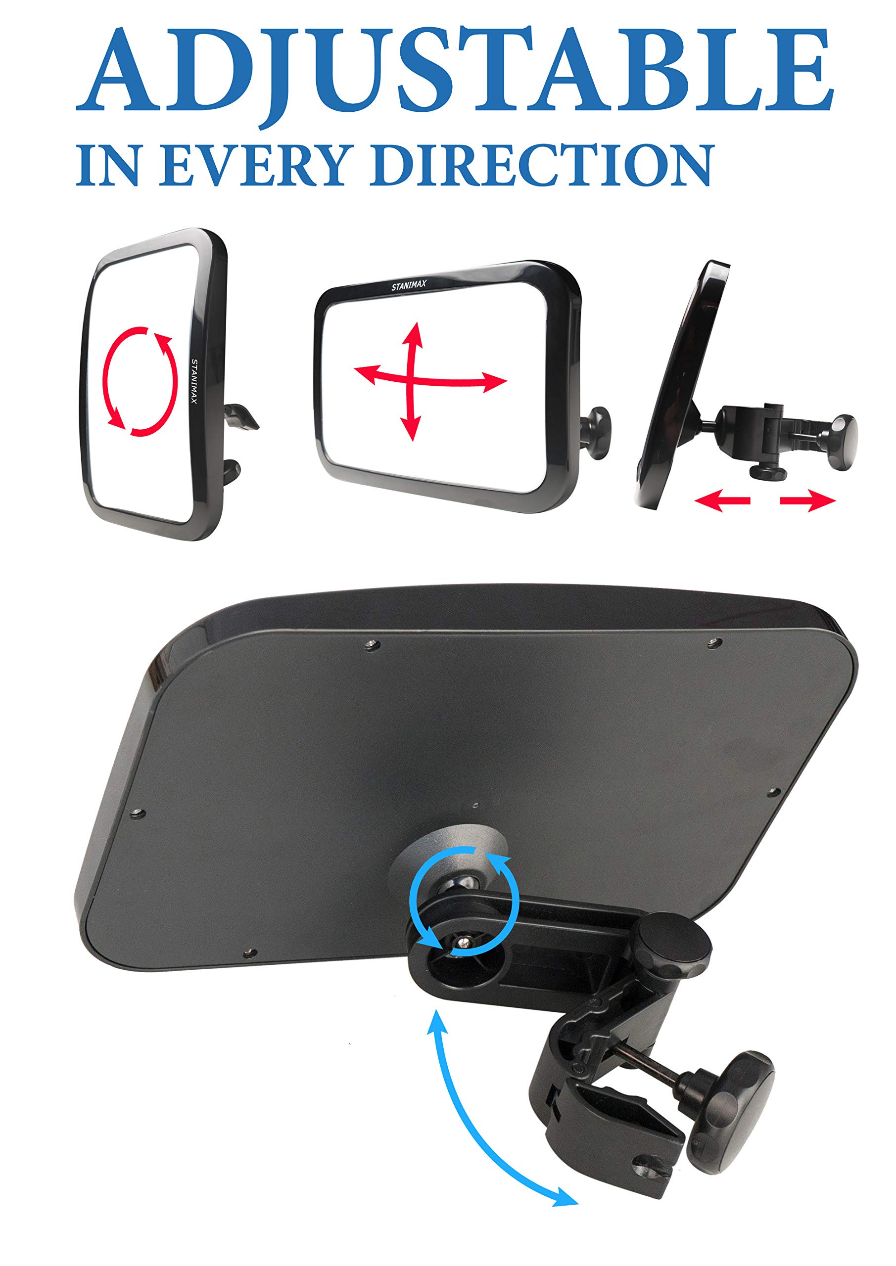 Stanimax Baby Car Backseat Mirror for Infant – Rear Monitoring – Wider and Larger Viewing Area – Secure Mounting Clamp – Shatterproof PMMA Material – Safe & Durable – Includes Car Organizing Hooks