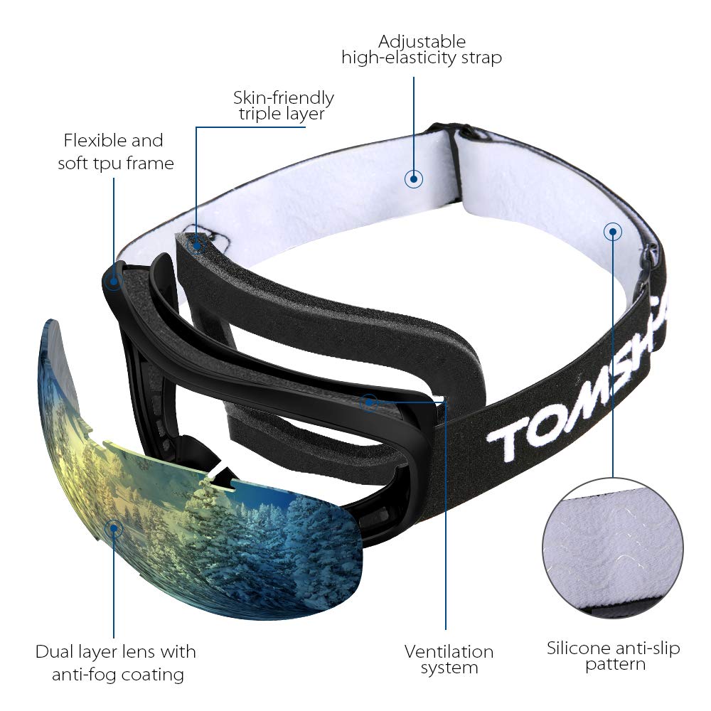 TOMSHOO Ski Goggles Windproof Snow Goggles Fit Over Glasses, Anti-Fog UV Protection Non-Slip Strap Ski Snowboard Goggles