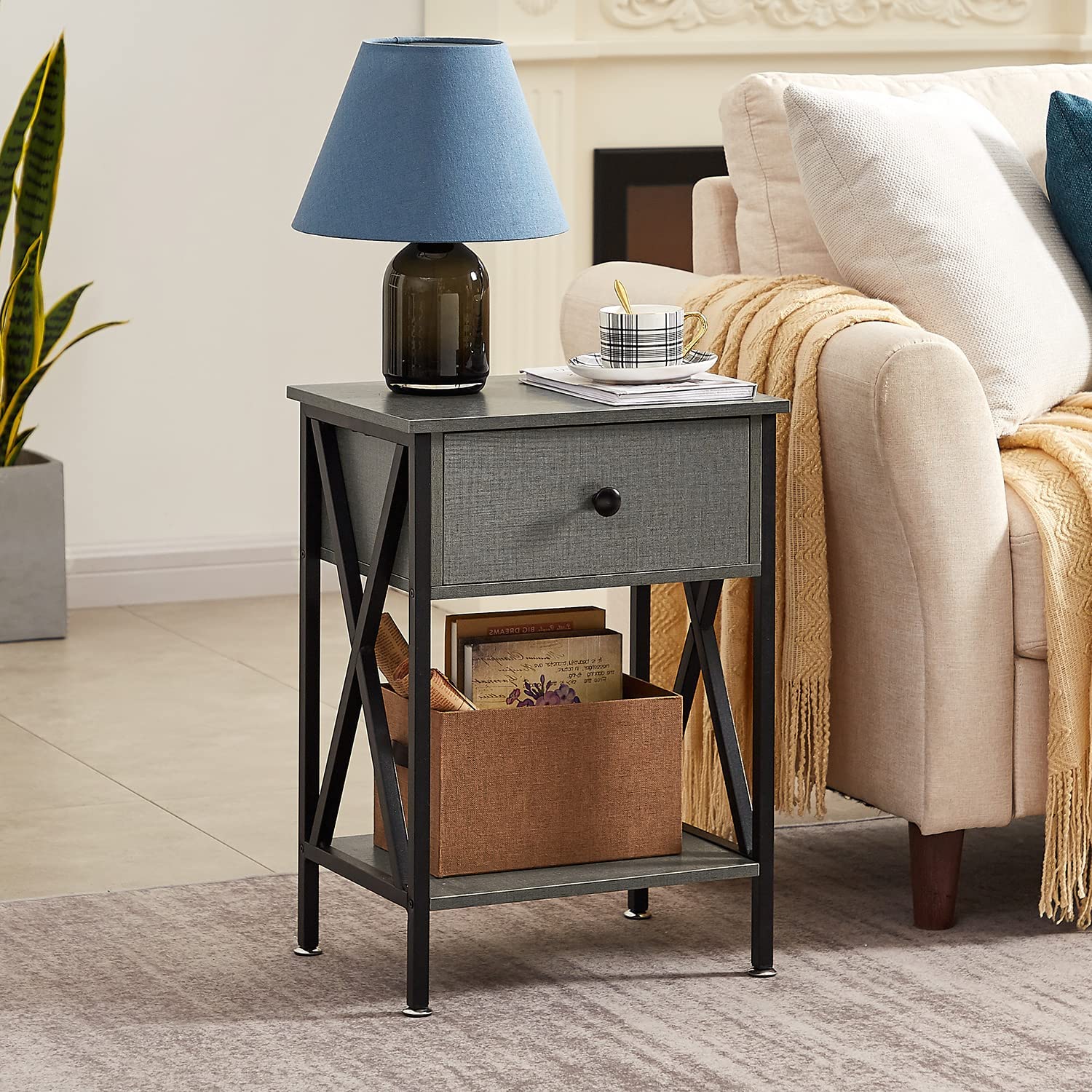 VECELO Nightstands Set of 2, Modern Bedside End Tables, Night Stands with Drawer and Storage Shelf for Living Room Bedroom, Industrial Metal Frame, Dark Gray