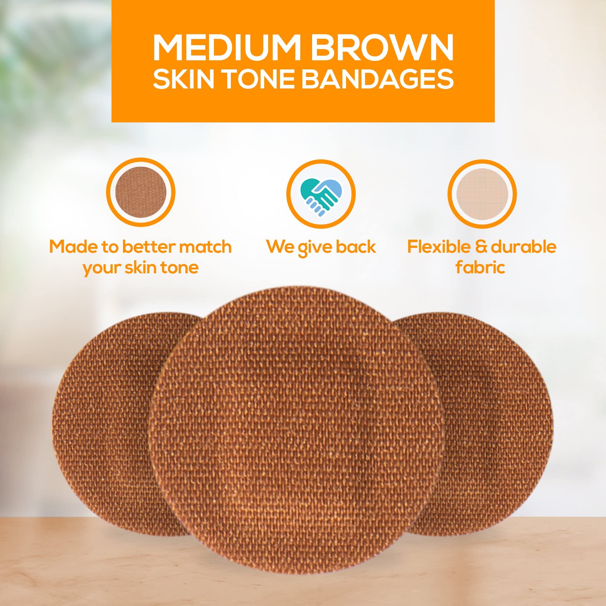 Tru Colour - Spot Bandages, Flexible Fabric Adhesive Bandages, Brown Skin Tone Shade, Orange Bag, 50 Count