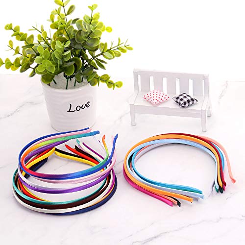 WILLBOND 24 Pieces Thin Satin Headband 5 mm Craft DIY Fabric Covered Ribbon Headbands Narrow Plain Headband for Women, 24 Colors