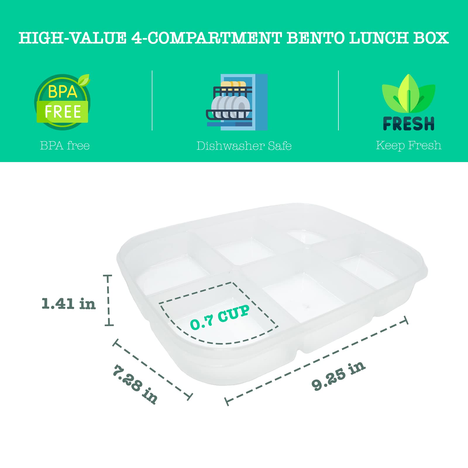 TeTeBak Bento Box - 6-Compartment Reusable Bento Lunch Box for School, Work, and Travel, Food Prep Containers, Snack Containers for Kids, Portion Control Bento Lunch Box for adult, Set of 2, Clear